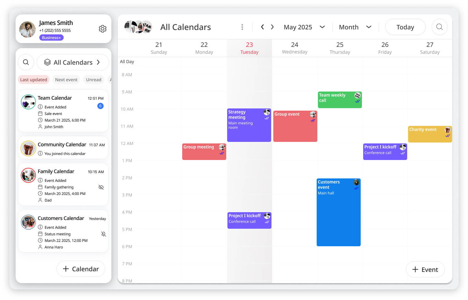 GroupCal’s main screen and the functionalities it offers.